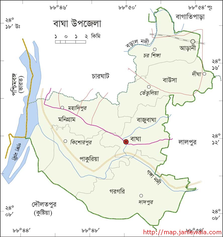 বাঘা উপজেলা মানচিত্র, রাজশাহী জেলা, বাংলাদেশ