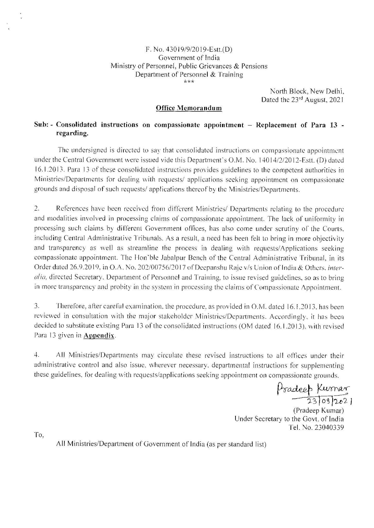 Consolidated instructions on compassionate appointment — Replacement of ...