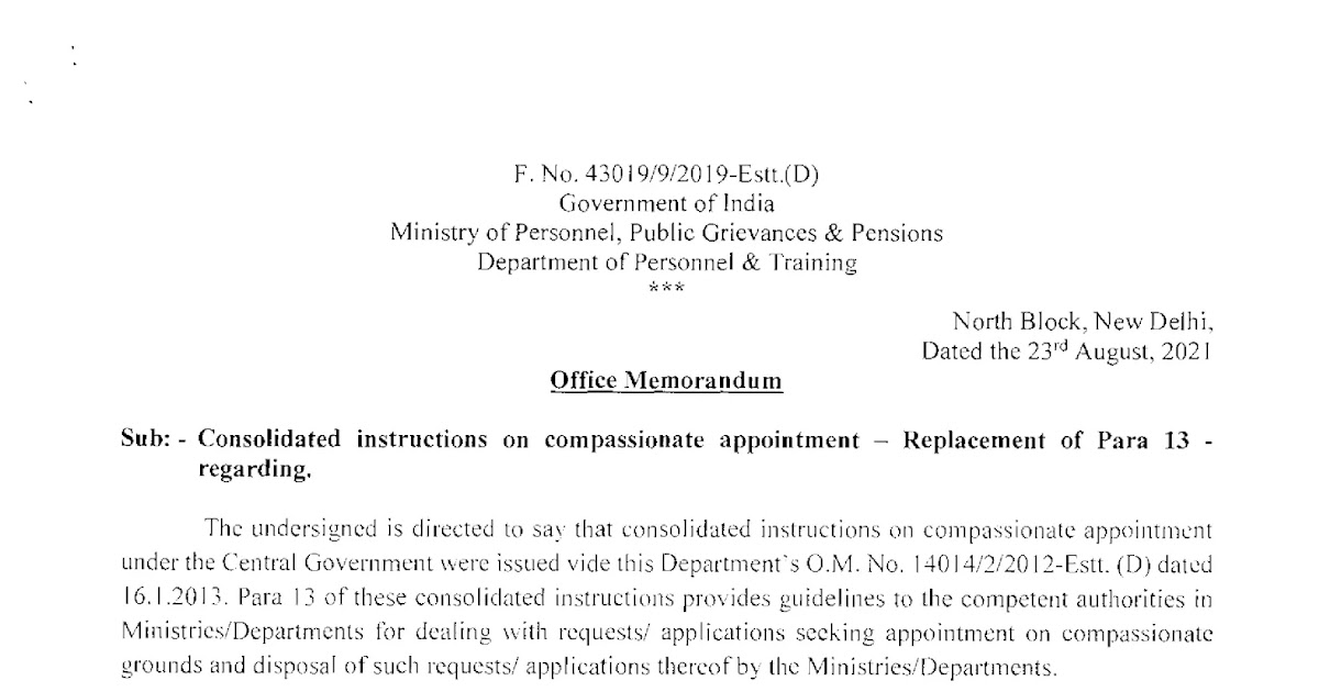 Consolidated instructions on compassionate appointment — Replacement of ...