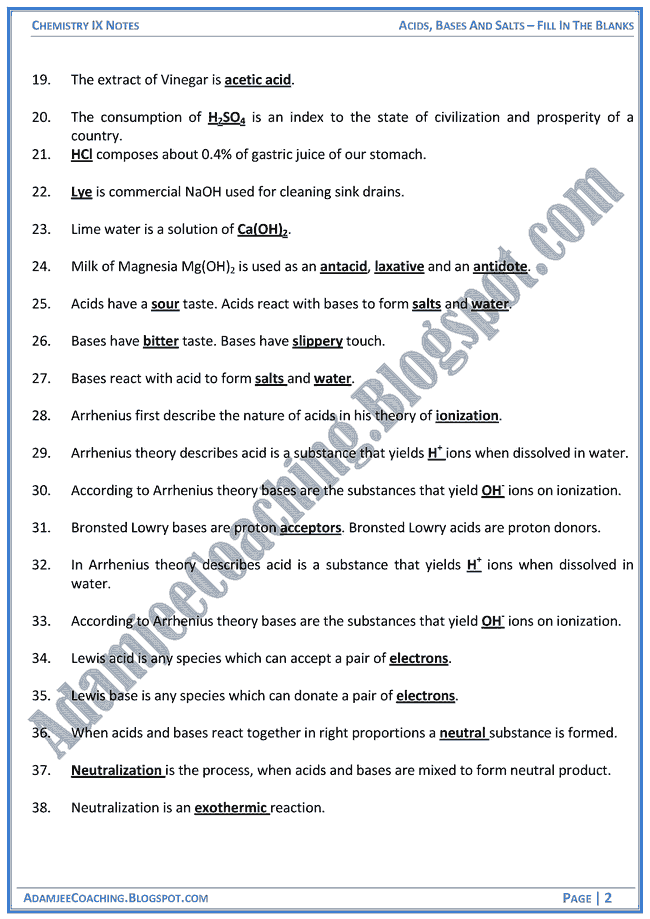 Adamjee Coaching: Acids Bases And Salts - Fill in the Blanks - Chemistry IX