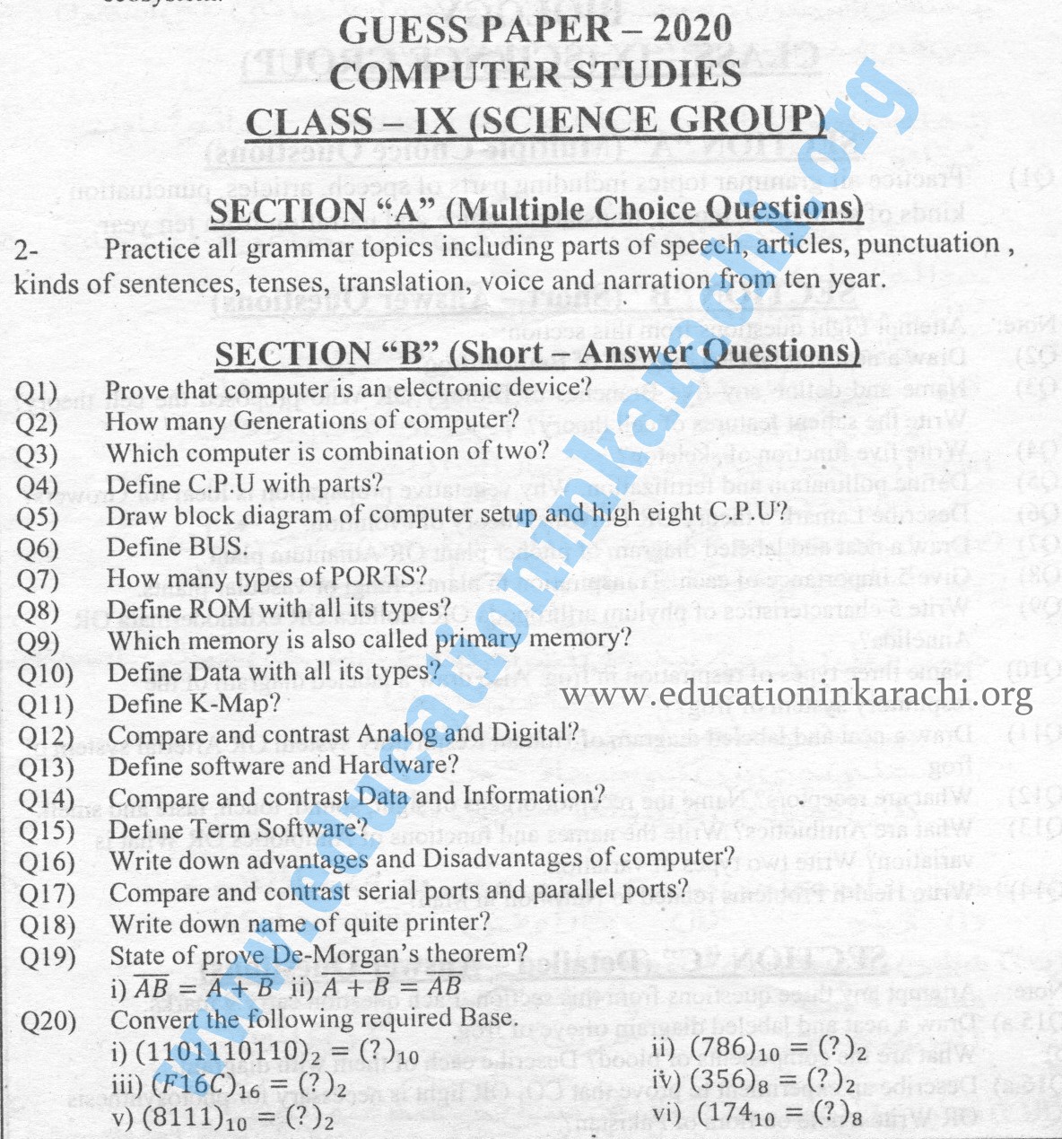 Computer 9th A.U. Khan Guess Papers - 2020