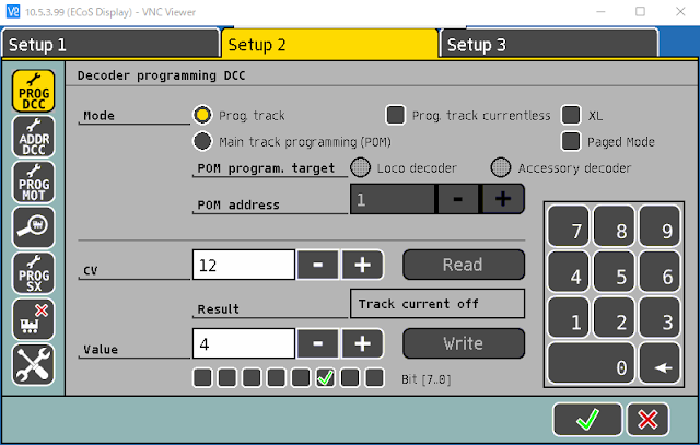 ECoSのSetup2にあるCVプログラミングでCV12を4にしてWriteを押す。