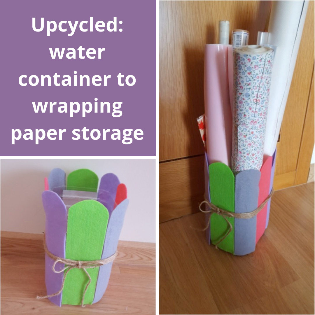 Upcycled: water container to wrapping paper storage |Keeping it Real