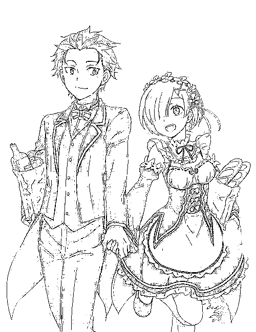 Subaru and Rem (Re:Zero) Coloring Pages Printable - Anime Coloring Pages