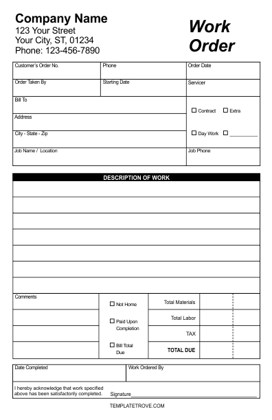 Extra Work Order Forms - Invoice Template