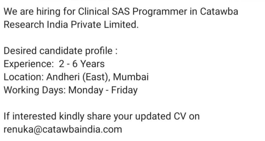 We are hiring for Clinical SAS Programmer in Catawba Research India ...