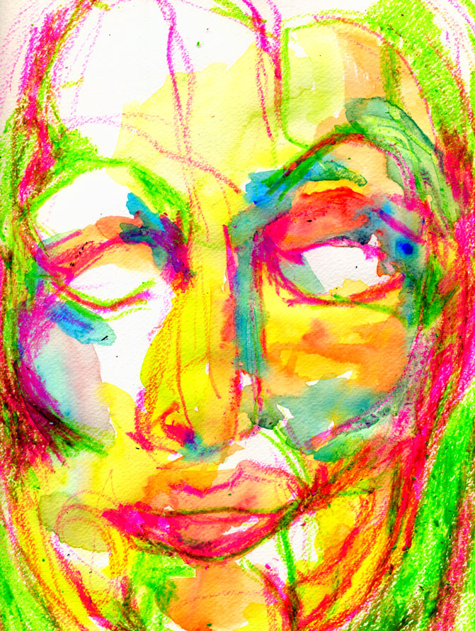 MC drawn: face — sketch: crayon and watercolour