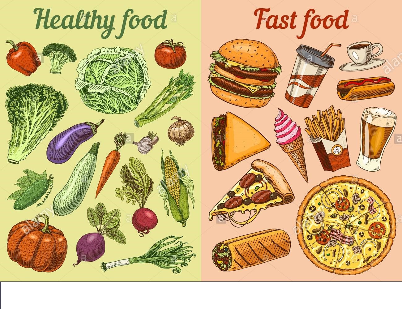 Órgano del corazón con alimentos saludables y alimentos no saludables ...