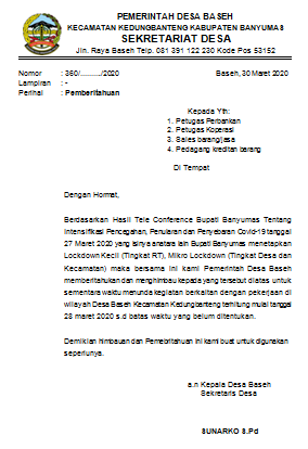 Contoh SURAT PEMBERITAHUAN KE KSP, BANK DLL DARI DESA YANG LOCKDOWN ...