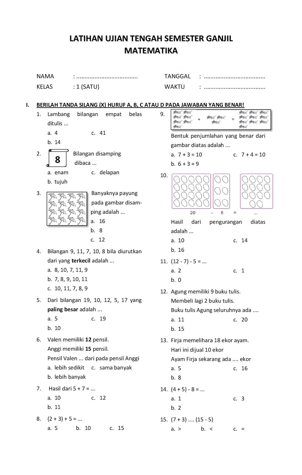SOAL LATIHAN UTS MATEMATIKA KELAS 1 SEMESTER GANJIL ~ Soal Jawaban