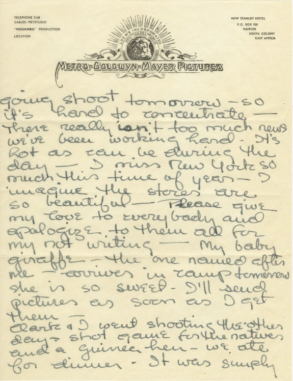 Stars and Letters: Grace Kelly's letter from the set of "Mogambo"