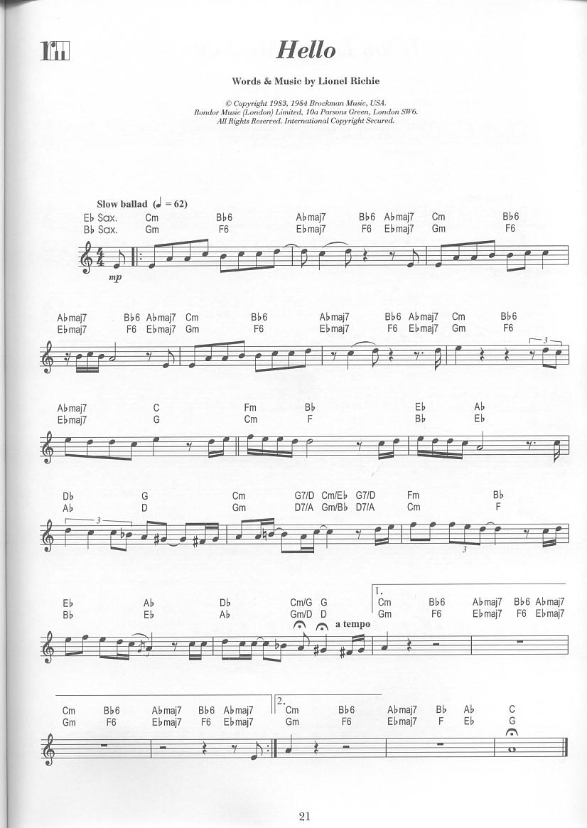 Saxophone sheet music: Lionel Richie - Hello