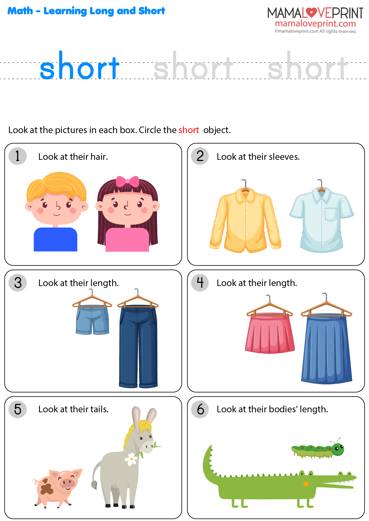 MamaLovePrint 自製工作紙 - 數學練習學習長和短 (最長和最短) Math Exercise Learning Long and ...