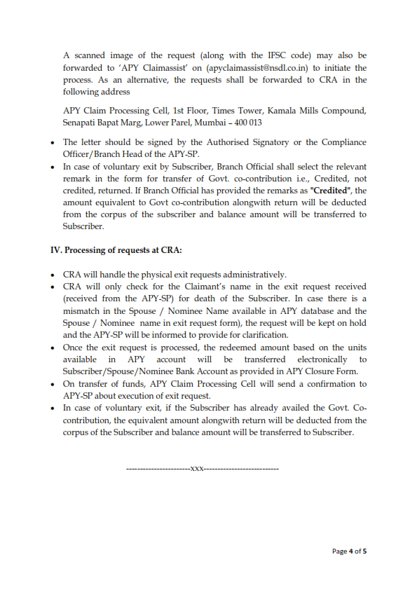 Atal Pension Yojana (APY) - Processing of Premature Exit Request and ...
