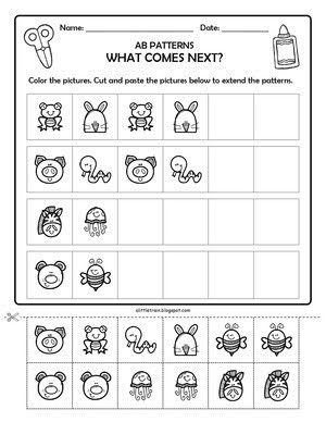 A Little Train: Cute animal AB patterns. Copy, extend, complete and ...