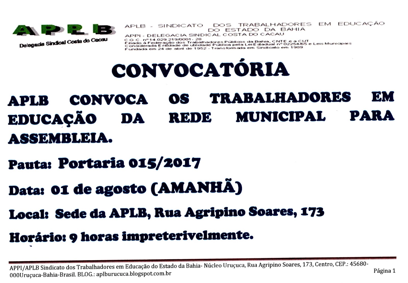 APLB URUÇUCA: NÚCLEO SINDICAL DOS TRABALHADORES EM EDUCAÇÃO: julho 2017