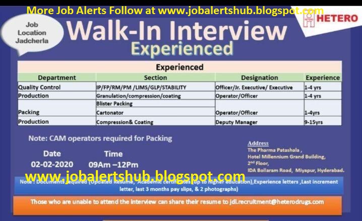 HETERO - Walk-In Interview on 2nd Feb 2020 for Production / QC / Packing Departments - JOB ...
