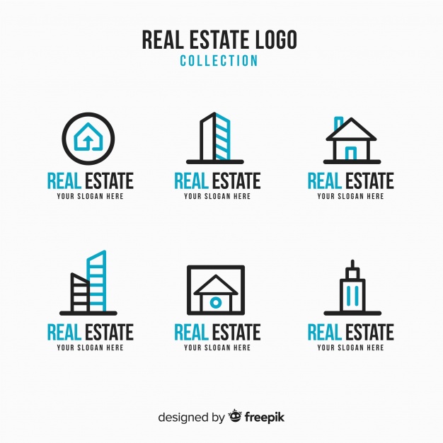 Desain logo bangunan arsitektur usaha properti biru elegan dan simpel ...