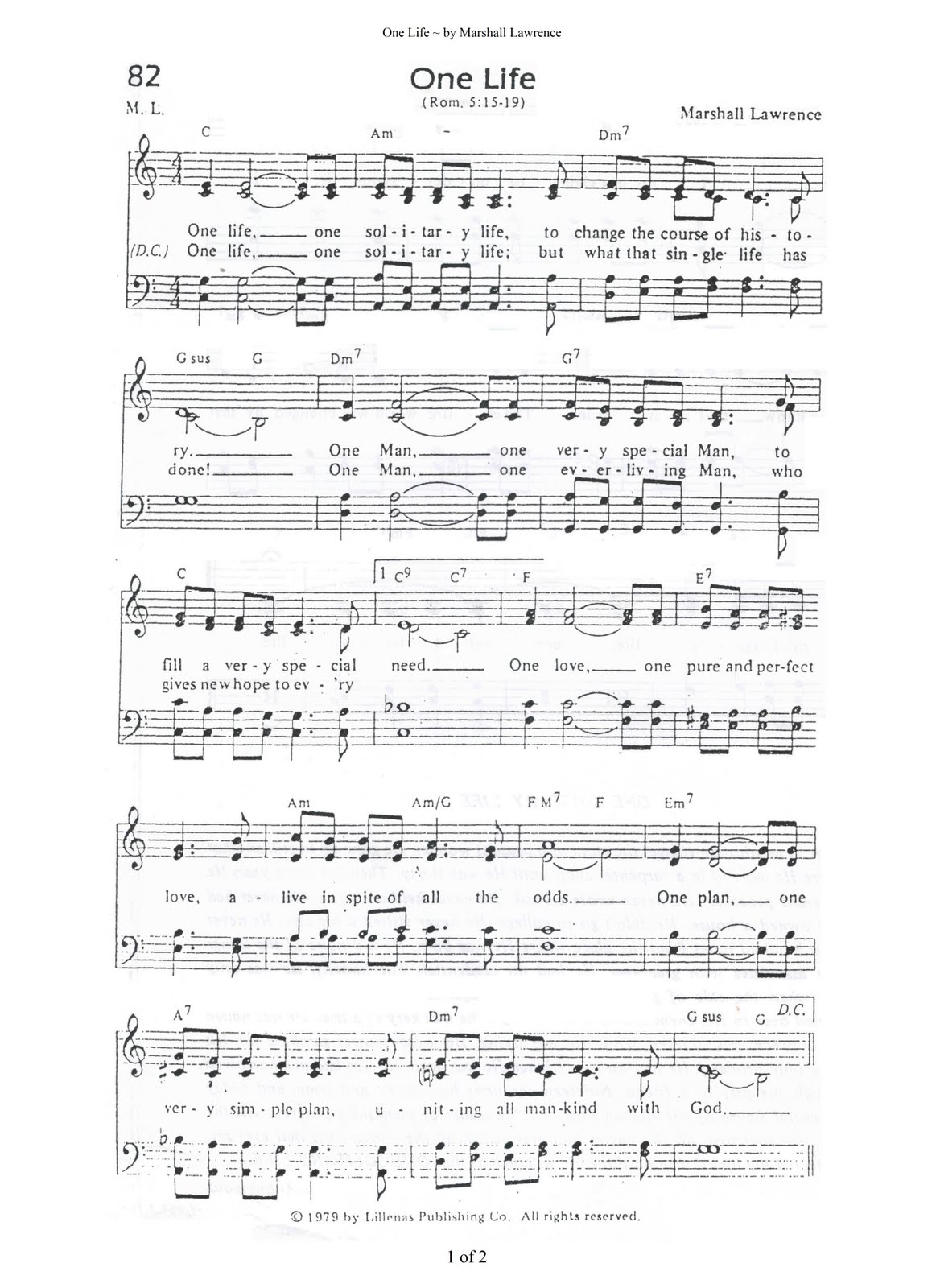 Welcome: One Life ~ by Marshall Lawrence ~ SATB Score