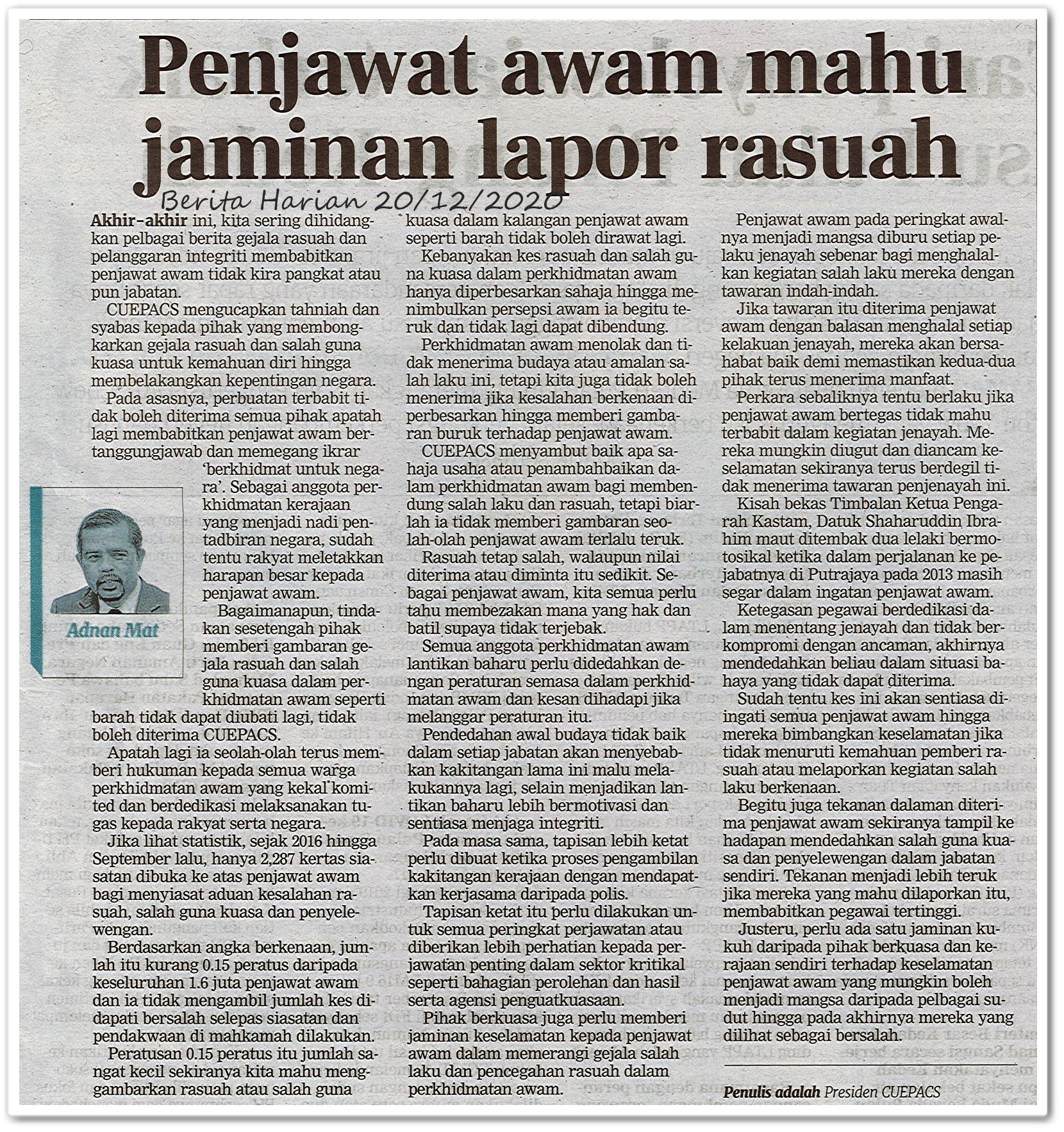Penjawat awam mahu jaminan lapor rasuah - Keratan akhbar Berita Harian ...