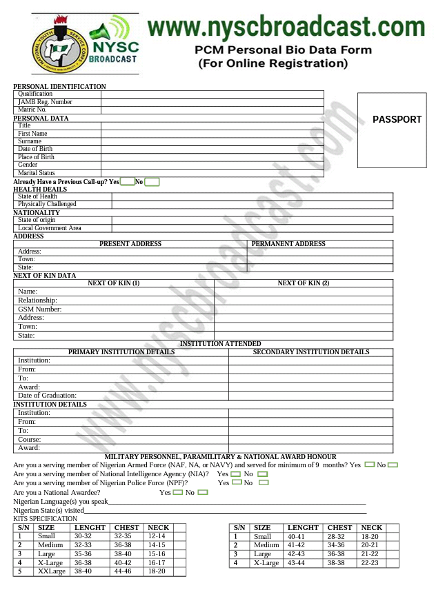 NYSC Online Registration Form Sample - Requirements For NYSC Online ...