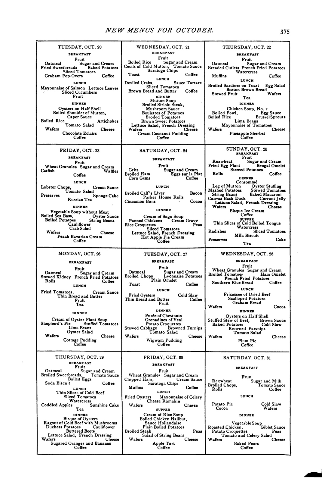 19th Century Historical Tidbits: October Menus