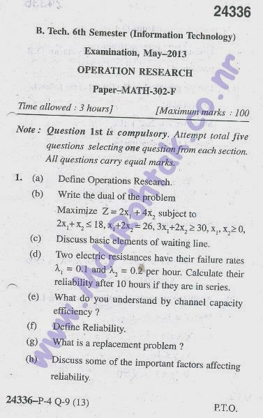 Operation research - OR - May 2013 - B.Tech. 6th Semester Question Paper