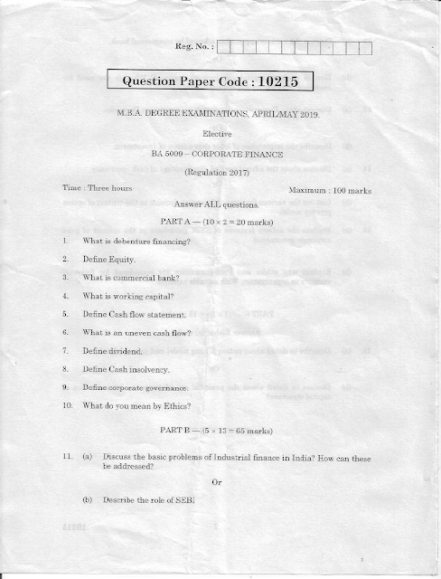 Anna University BA 5009-CORPORATE FINANCE APRIL/MAY 2019 Question Paper ...