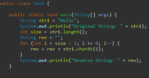 Strings 01 - Write a program to reverse a string in java using for loop