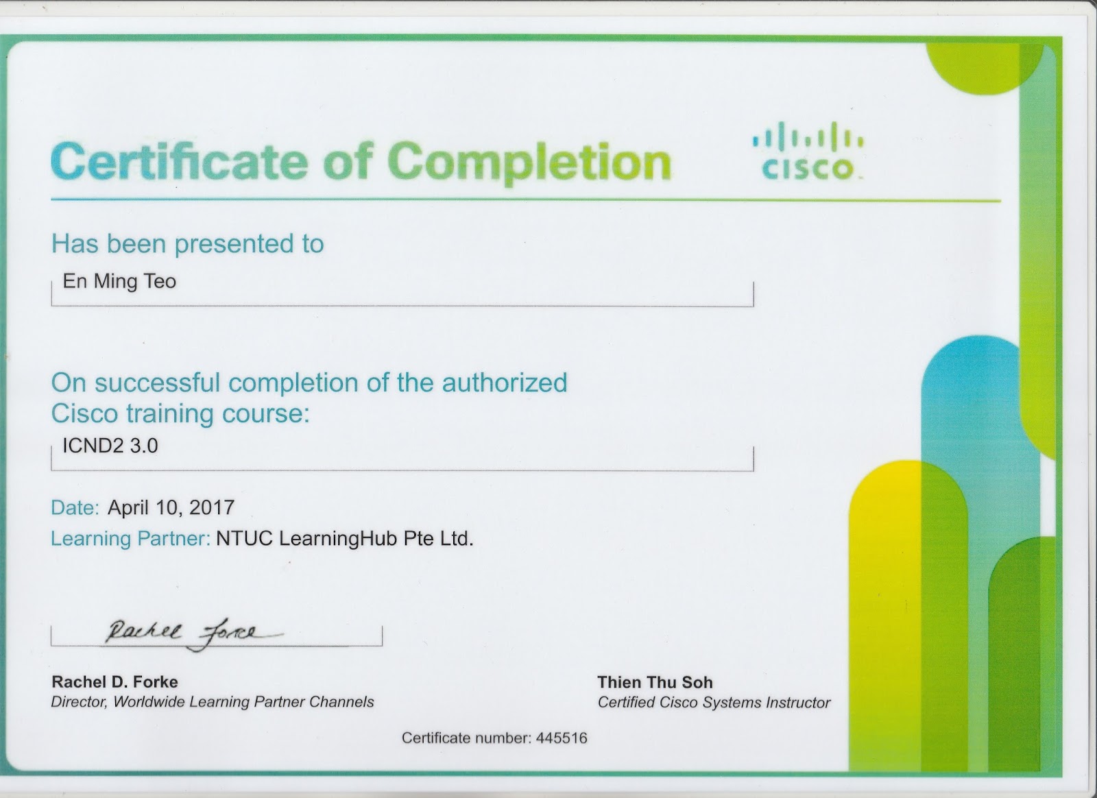 Cisco ICND2 Certificate of Completion
