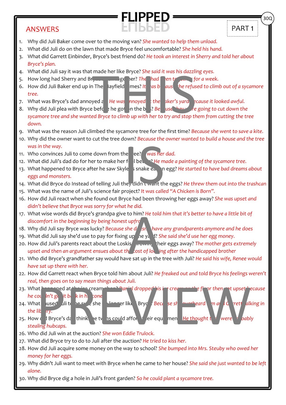 Flipped Movie Guide + Writing Activities - Answer Keys Included ~ Movie ...