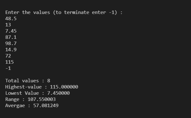C Program to determine the Range and Average of the values entered by ...