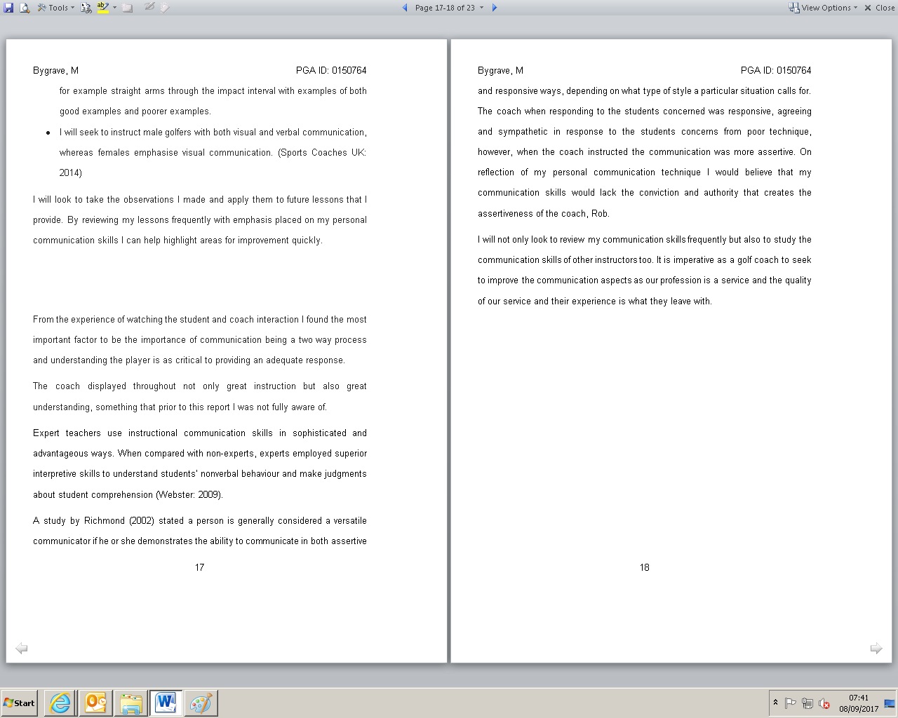 Year Two Assignment - Golf Coaching - 50% - Communication as a Coach