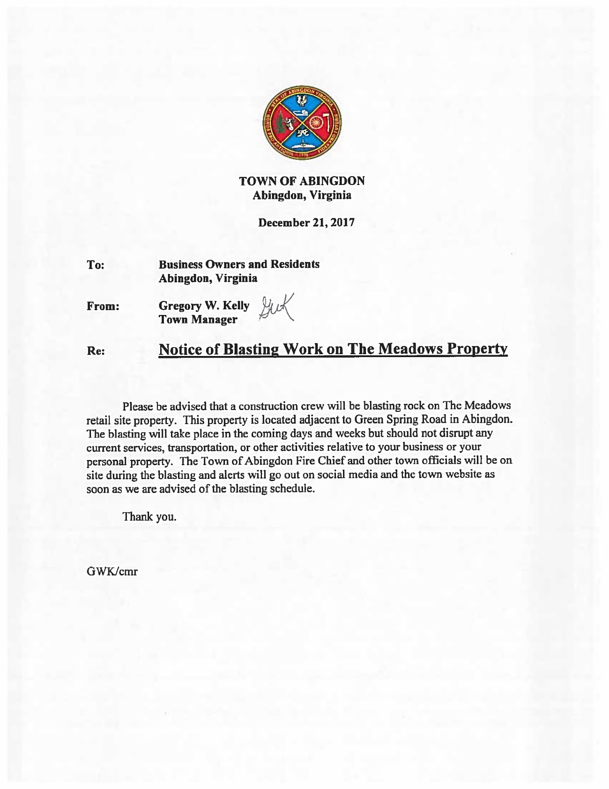 Town of Abingdon, Virginia : Blasting Notice For The Meadows Property