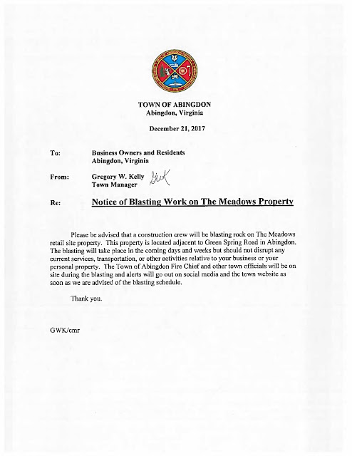 Town of Abingdon, Virginia : Blasting Notice For The Meadows Property