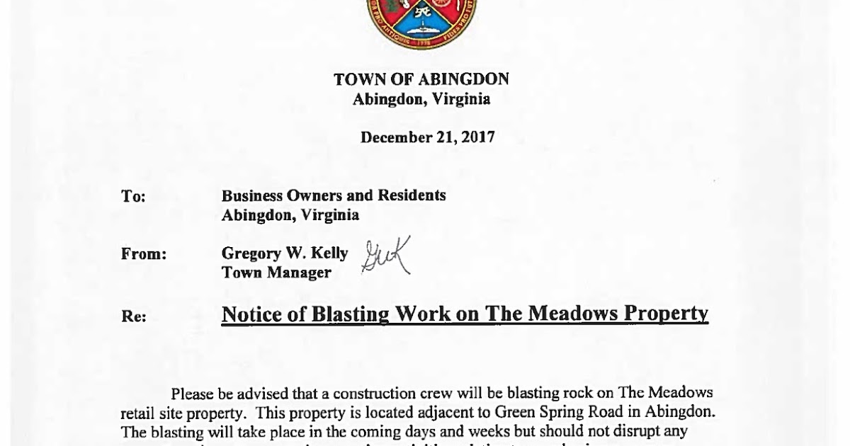 Town of Abingdon, Virginia : Blasting Notice For The Meadows Property