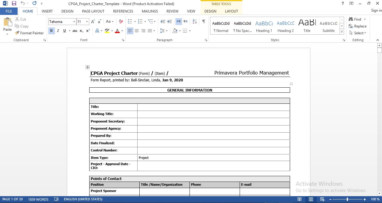 Project Charter Template for Word