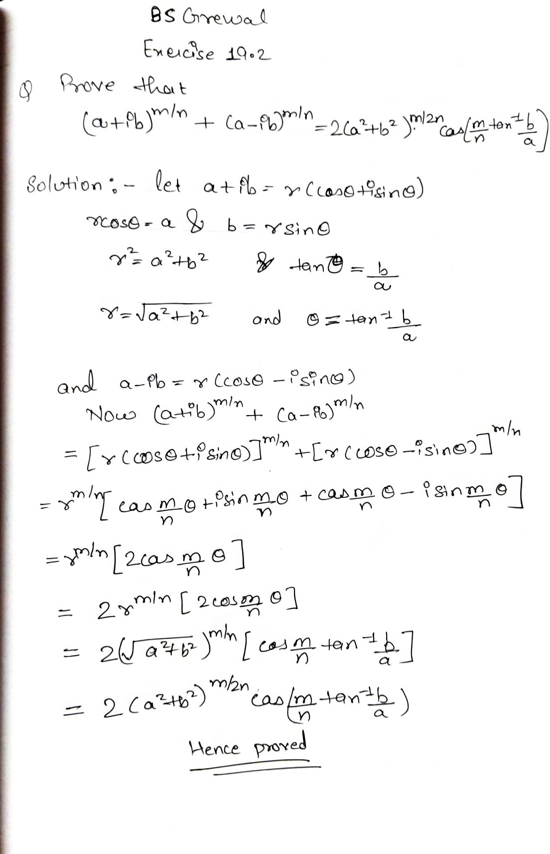 Bs Grewal solutions: Prove that (a+ib)m\n+(a-ib)m\n=2(a2+b2)m\2n .cos ...