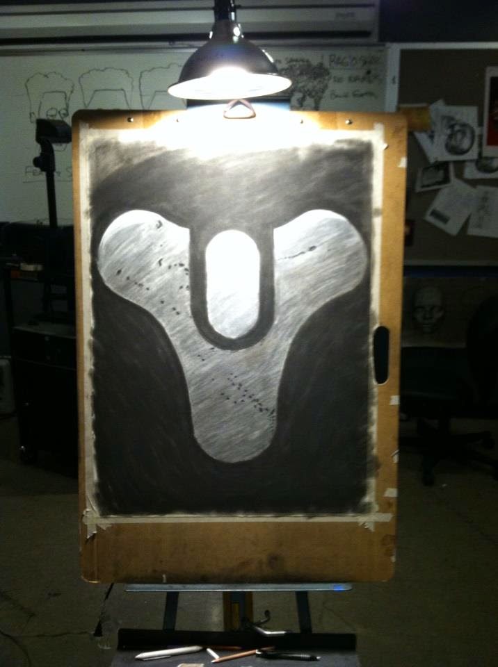 Zelta Industries: Drawing the Destiny Tricorn on 22x30 canvass in charcoal.