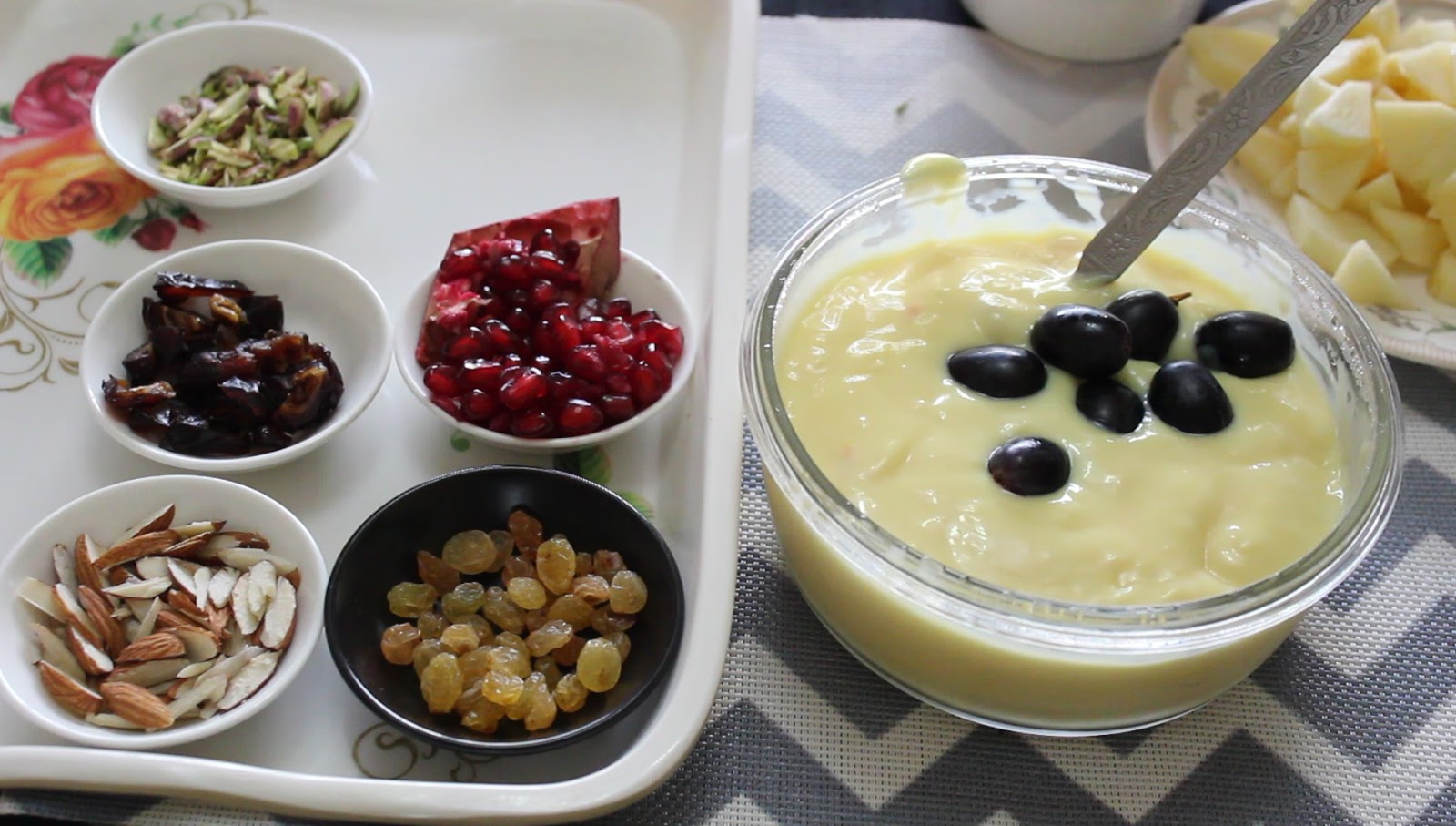 Fruit Custard with Dates and Nuts • My Culinary Expressions
