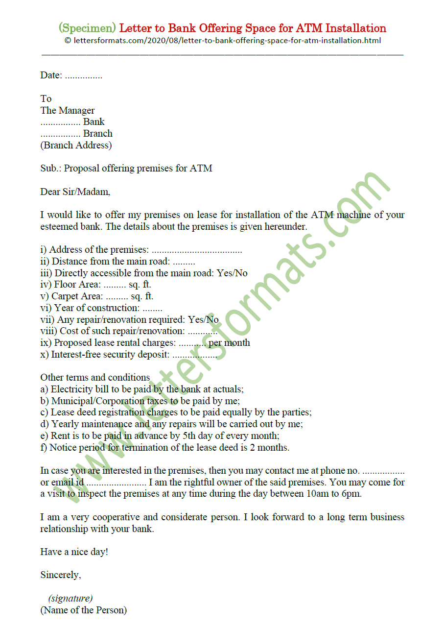 Draft Request Letter To Bank Offering Space For ATM Installation draft-request-letter-to-bank-offering-space-for-atm-installation