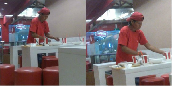 VIRAL: Old man cleans tables at KFC to take home leftover food for family