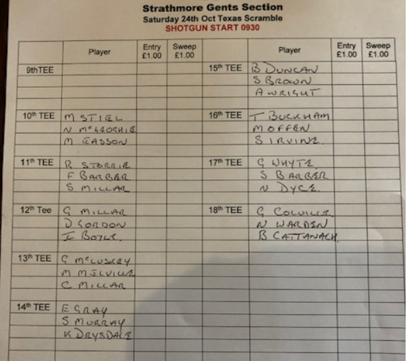 STRATHMORE GOLF CLUB GENTS: Draw for the Texas Scramble on Sat 24th Oct