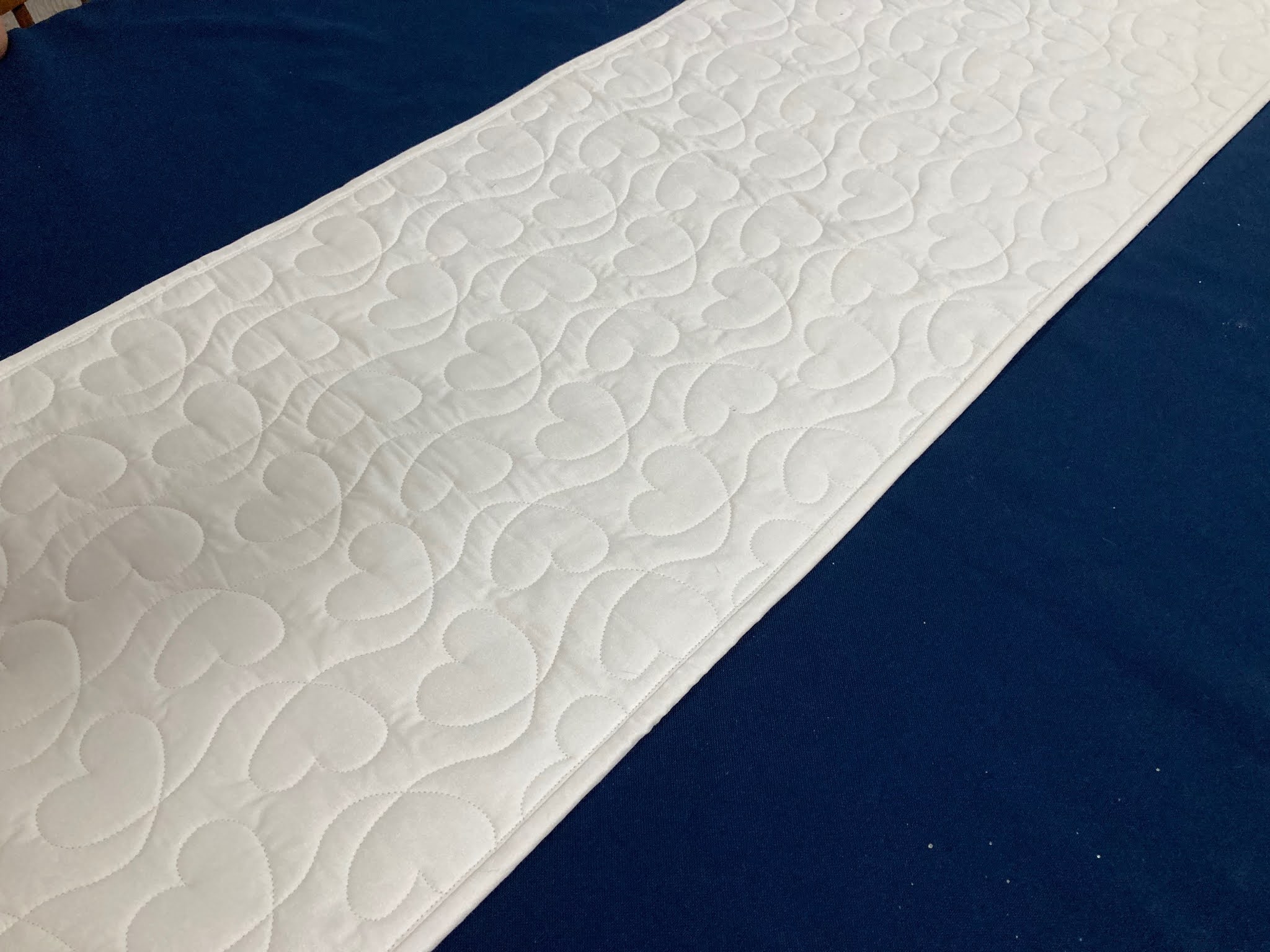Show Me Sewing: White with Hearts Insulated Table Runner for Sylvia Lue