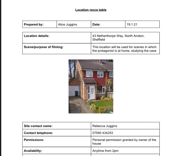 Location recce table
