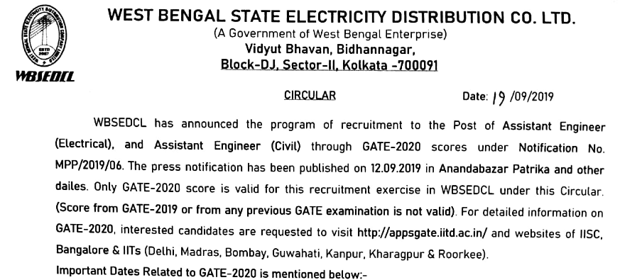 WBSEDCL Assistant Engineer Recruitment Through GATE 2020 | PSU Through GATE
