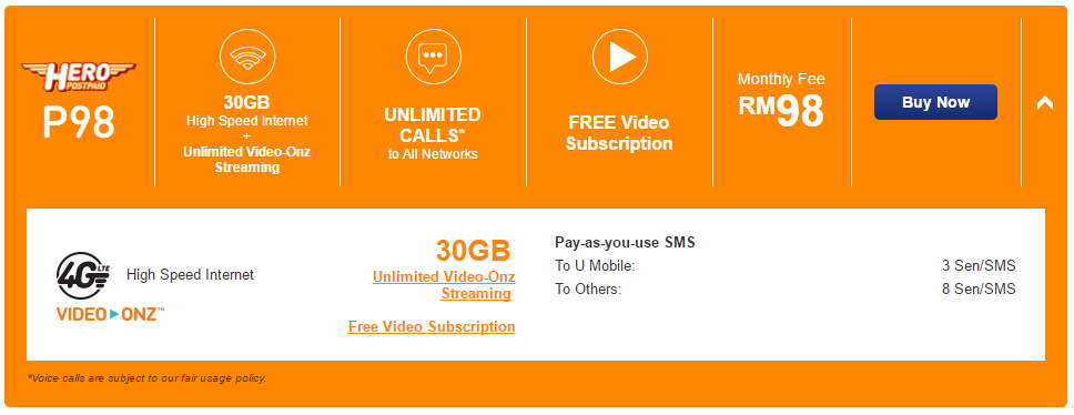 U Mobile P98 每月只需RM 98，即可获得30GB上网数据