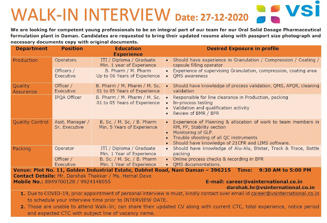 V. S. International Pvt. Ltd - Walk-In Interviews for Production / Quality Assurance / Quality ...