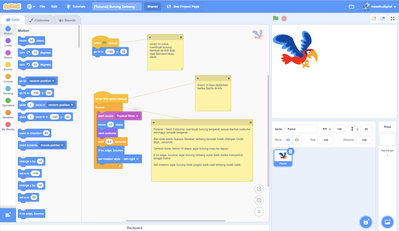 Tutorial Coding Scratch 3.0: Membuat Animasi Burung Kakatua Terbang - Heni Prasetyorini