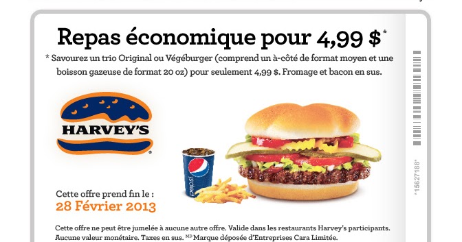 Plusieurs coupons rabais pour les restaurants Harvey's
